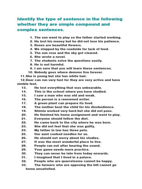 Identify The Type Of Sentence In The Following Whether They Are Simple Compound And Complex