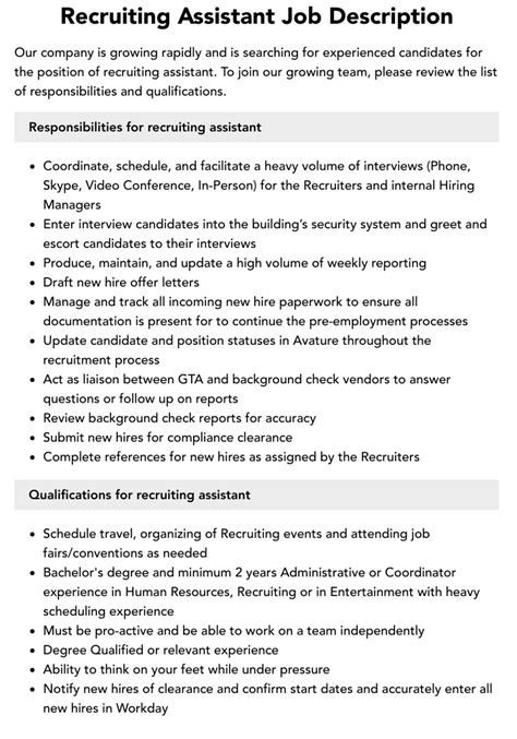 Recruiting Assistant Job Description Velvet Jobs