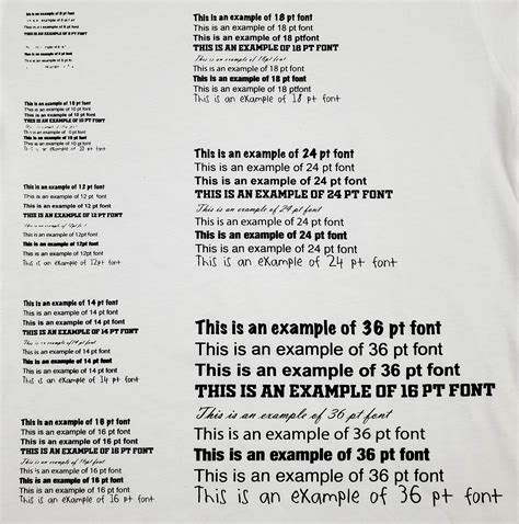 Font Size Comparison For Transfer Printing Points And Inches