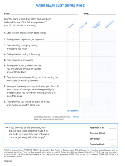 Patient Health Questionnaire Phq 9 Blank Fillable Template Fill