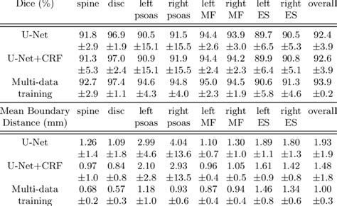 Segmentation Performance In Different Setups Measured In Dice And Mean Download Scientific