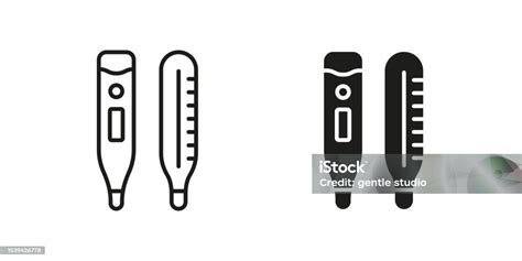 온도계 라인과 실루엣 블랙 아이콘 세트 온도 조절 픽토그램을 위한 의료 도구 전자 및 수은 온도계 기호 모음 격리된 벡터 그림 온도계에 대한 스톡 벡터 아트 및 기타 이미지