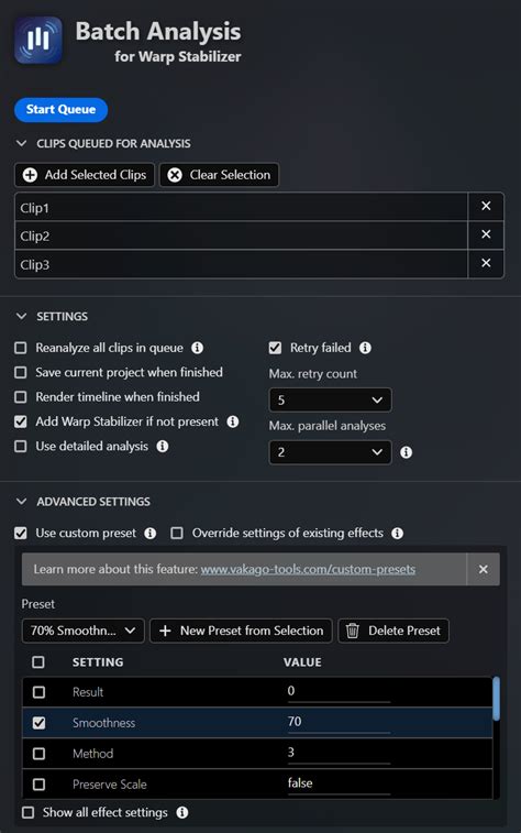 batch analysis extension help custom presets vakago tools