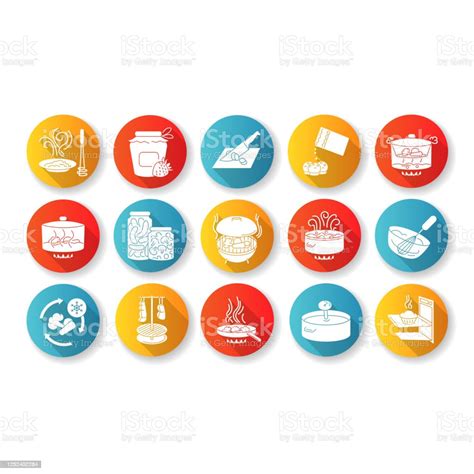 요리 과정 플랫 디자인 긴 그림자 글리프 아이콘 세트 다른 음식 준비 방법 다양한 요리 기술 재료 및 주방 용품 실루엣 Rgb 컬러 일러스트레이션 개념에 대한 스톡 벡터