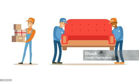 남성 택배 운반 상자와 소파 세트 클라이언트 만화 벡터 일러스트레이션에 소포를 배달 균일 한 배달 남자 문자 나름에 대한 스톡 벡터 아트 및 기타 이미지 Istock