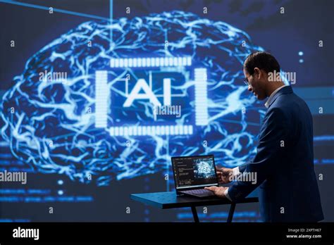 Computer Scientist Analyzing Complex Ai Brain Models On Laptop It Professional Using Machine