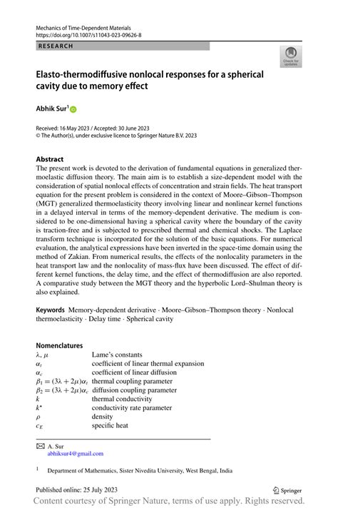 Elasto Thermodiffusive Nonlocal Responses For A Spherical Cavity Due To Memory Effect Request Pdf