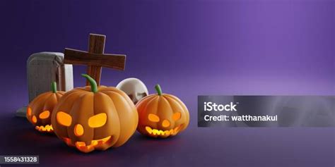 3d 렌더링 호박 십자가 두개골 보라색 배경에 무덤이 있는 할로윈 배너를 위한 디자인 복사 공간이 있습니다 0명에 대한 스톡 사진 및 기타 이미지 Istock
