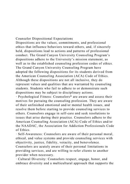 Counselor Dispositional Expectations Dispositions Are The Docx