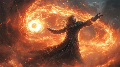 Sorcerer Casting a Massive Fireball with Flames Swirling Around ...