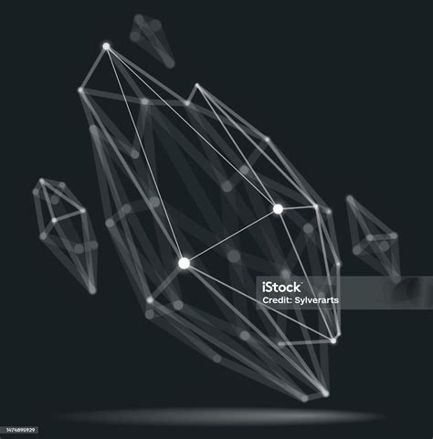 추상 3d 메쉬 모양 벡터 일러스트레이션 라인 기술 다각형 물체 동적 기술 및 과학 격자와 연결된 점 사실적인 필드 효과 3차원