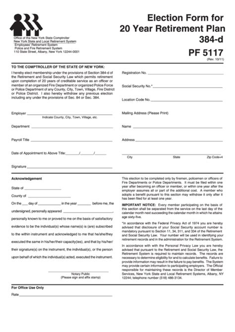 Fillable Form Pf 5117 Election Form For 20 Year Retirement Plan 384 D