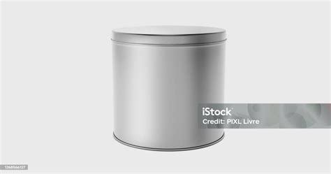 고립 된 흰색 배경에 금속 주석 상자 차 스낵 사탕 커피를 위한 키가 크고 둥근 상자의 3d 사실적인 모형 캔에 대한 스톡 사진