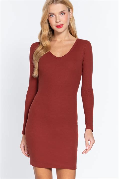 Long Slv V Neck Mini Rib Dress M