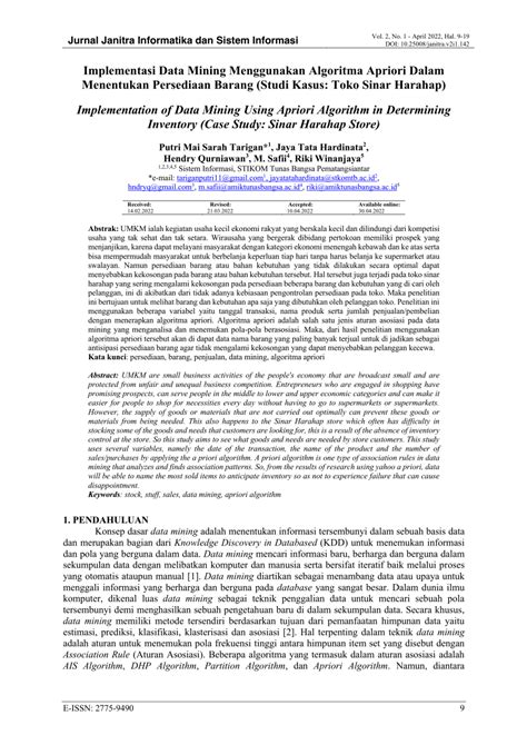 Pdf Implementasi Data Mining Menggunakan Algoritma Apriori Dalam