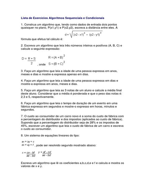 01 lista de exercicios algoritmos sequenciais e condicionais pdf