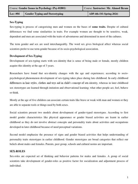 Gender Issues Lec 4 Gender Typing And Stereotyping Pdf Gender Role