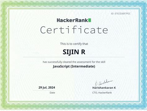 completed javascript intermediate course from hackerrank sijin r