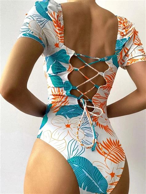 2024 Luxury Women Beach Wear Floral Print Hig Hcut Short Sleeve One Pi