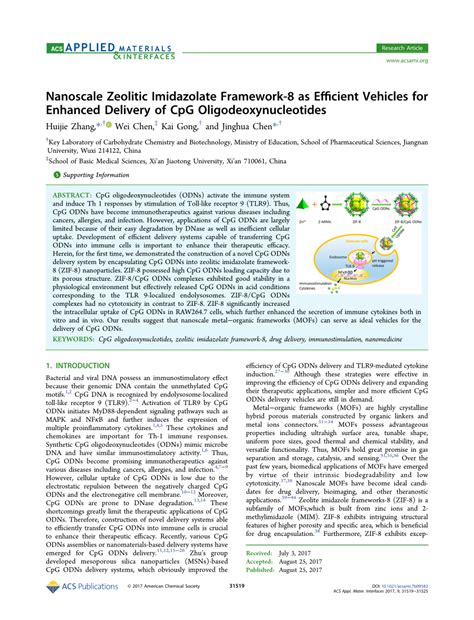 Pdf Nanoscale Zeolitic Imidazolate Framework 8 As Efficient Vehicles