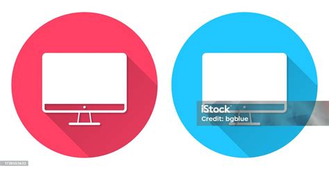 데스크탑 컴퓨터 빨간색 또는 파란색 배경에 긴 그림자가 있는 둥근 아이콘 169에 대한 스톡 벡터 아트 및 기타 이미지