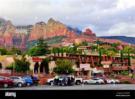 Main Shopping Street In Town Of Sedona Arizona With The Impressive Red