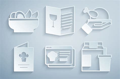 온라인 주문 및 배송 구운 칠면조 치킨 요리책 레스토랑 카페 메뉴 및 나초 플레이트 아이콘을 설정합니다 벡터 3차원 형태에 대한