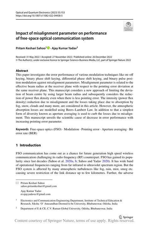 Impact Of Misalignment Parameter On Performance Of Free Space Optical