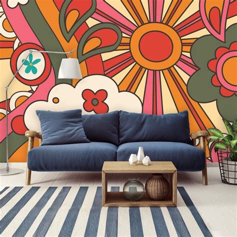 Groovy Sun 70s Trippy Peel And Stick Retro Wall Murals H96 X W140