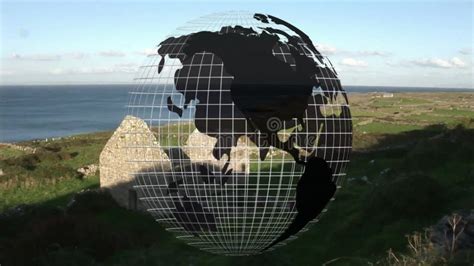 Rotating Globe Grid Animation Over Coastal Landscape With Ancient Ruins Stock Footage Video Of