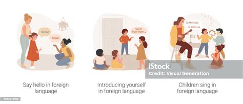 보육원에서 이중 언어 몰입 프로그램 고립 만화 벡터 일러스트 레이 션 세트 가공의 인물에 대한 스톡 벡터 아트 및 기타 이미지