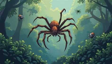Pixel Art Of A Large Brown Spider Among Smaller Spiders In A Green