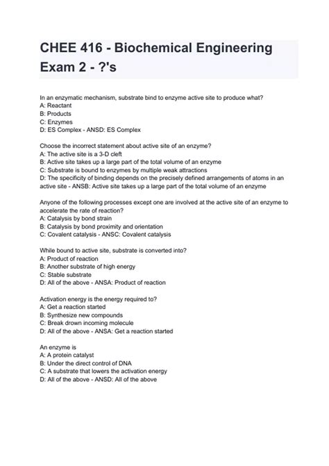 CHEE 416 Biochemical Engineering Exam 2 S Questions And Answers A Score Assured 2024 2025