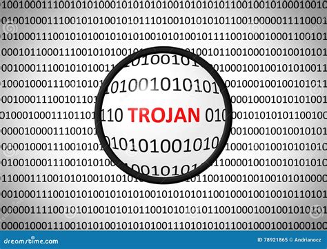 binary code with trojan virus and magnifying lens stock illustration