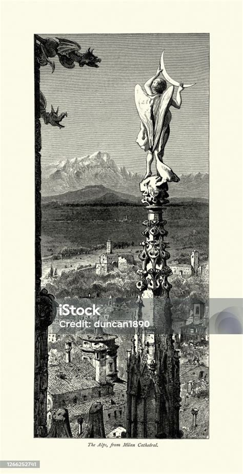 Вид На Альпы Миланский Собор Ангел Ломбардия Италия 19 Век — стоковая векторная графика и другие