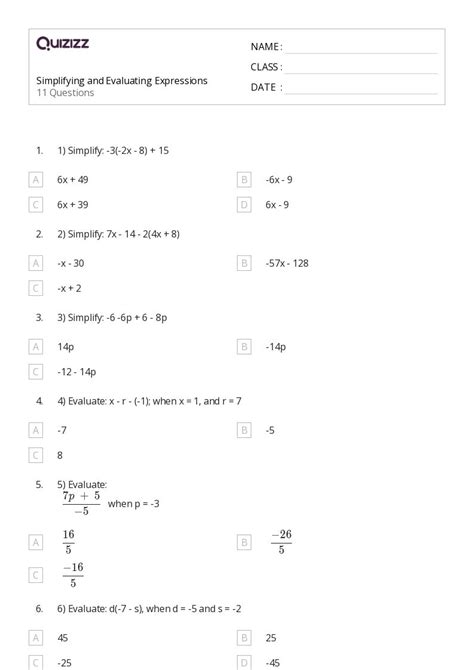 Evaluating Expressions Worksheets 7th Grade