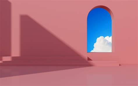 기하학적 형태와 파스텔 색상으로 최소한의 내부 공간 태양 빛은 푸른 하늘 배경으로 벽에 그림자를 캐스팅 3d 렌더링 0명에 대한 스톡 사진 및 기타 이미지 Istock