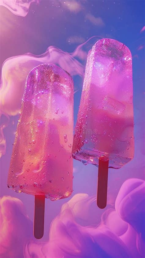 Two Pink Popsicles Floating In A Purple Cloud Background Stock
