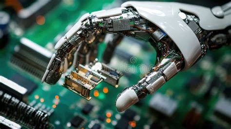 Robotic Arm Holding Microchip Over Circuit Board Artificial