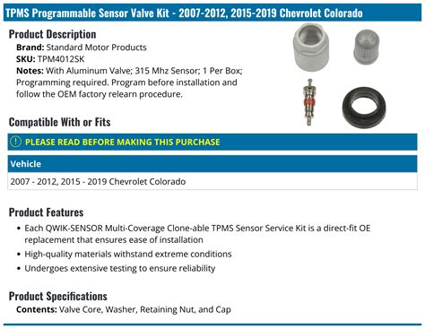 2007 2012 2015 2019 Chevrolet Colorado Tpms Programmable Sensor Valve