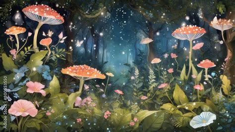 whimsical illustration of a fairy forest with delicate flowers and