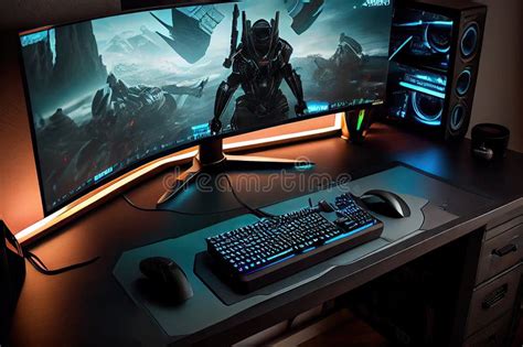 Video Gaming Desk With Large High Resolution Monitor And Sleek Ergonomic Keyboard And Mouse