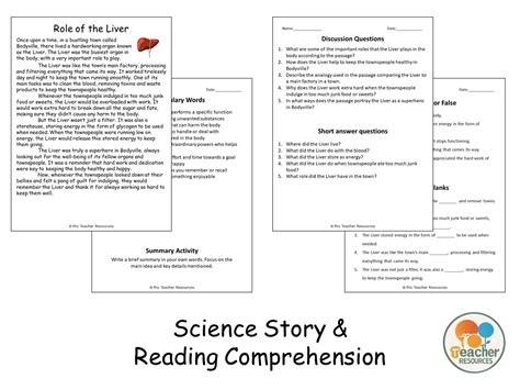 Role Of The Liver Reading Science Story Comprehension Questions Worksheet Teaching Resources