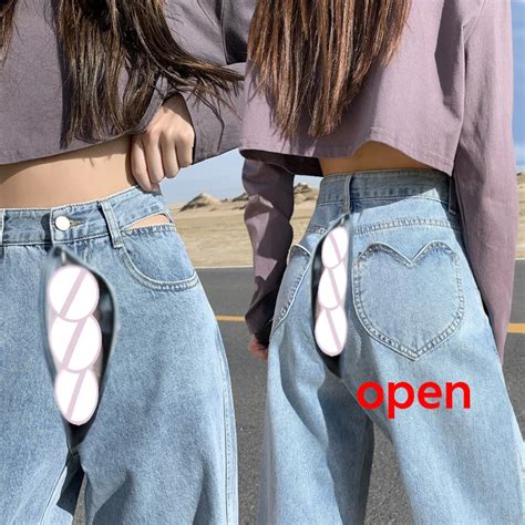 Outdoor Sex Open Crotch Erotic Pants Boyfriend Jeans Retro Wide Leg