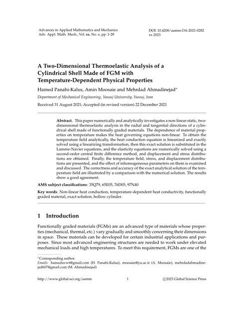 Pdf A Two Dimensional Thermoelastic Analysis Of A Cylindrical Shell Made Of Fgm With
