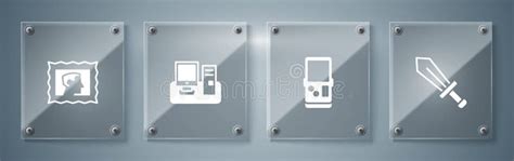 Set Sword For Game Tetris Monitor With Keyboard And Postal Stamp Square Glass Panels Stock