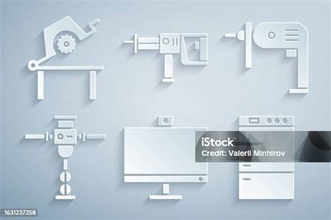 목공 아이콘을 위해 컴퓨터 모니터 전기 드릴 머신 건설 착암기 냉장고 로터리 및 테이블 톱을 설정하십시오 벡터 3차원 형태에