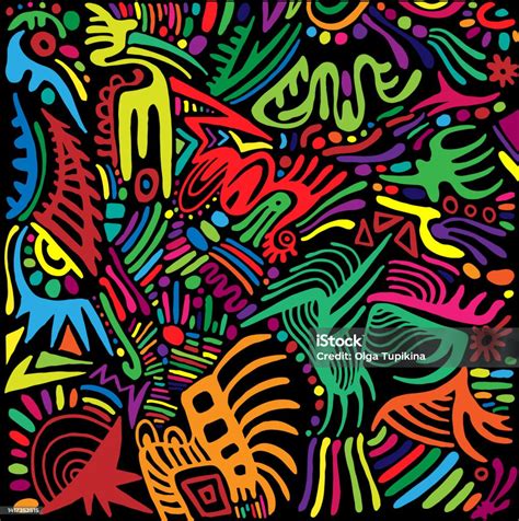 검은 배경에 고립 된 원시적 인 환각적인 다채로운 패턴 장식적인 단순한 배경을 가진 환상적인 예술 초현실적 인 낙서 스타일 레인보우 추상적인 질감 패턴에 대한 스톡 벡터