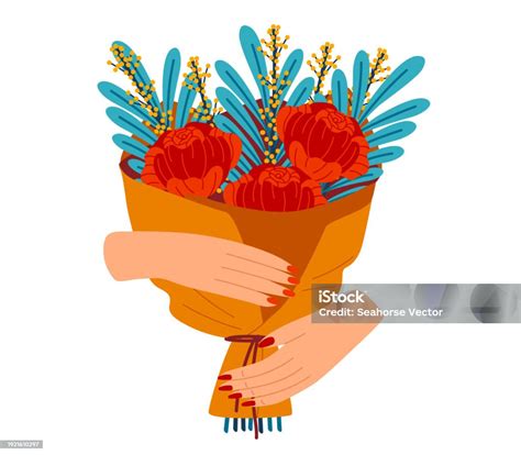 빨간 꽃과 파란 잎사귀로 만든 꽃다발을 주황색 종이로 감싼 손 꽃의 선물과 감사 벡터 일러스트 레이 션 감사에 대한 스톡 벡터 아트 및 기타 이미지 Istock