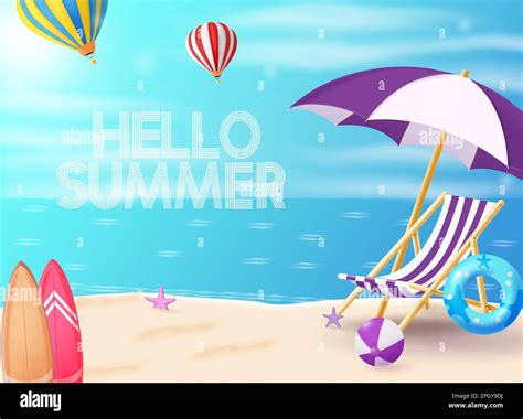 Hello summer greeting vector design. Hello summer greeting text in beach outdoor background ...